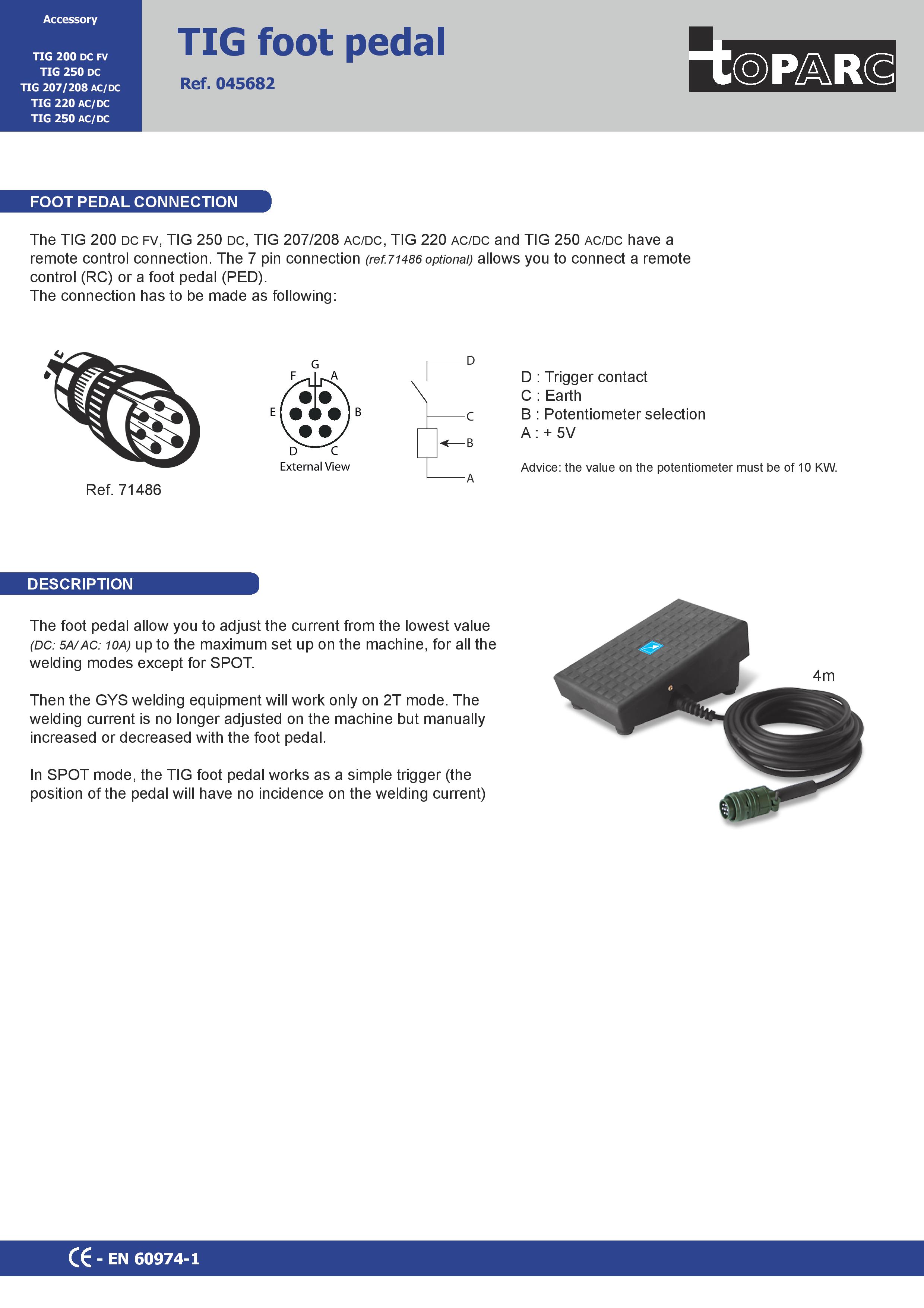 GYS TIG Foot Pedal & 7 Pin Plug (045682)